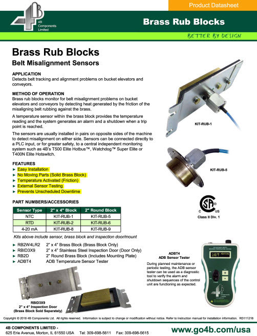 Rub Block Kit (inspection door mount with NTC, RTD, or 4-20 mA sensor ...